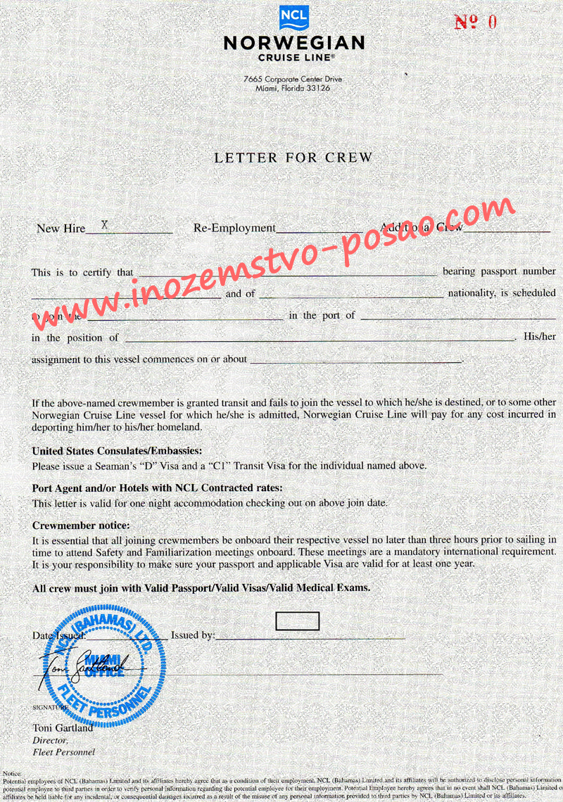 Norwegian Cruise Line ~ Letter of Employment
